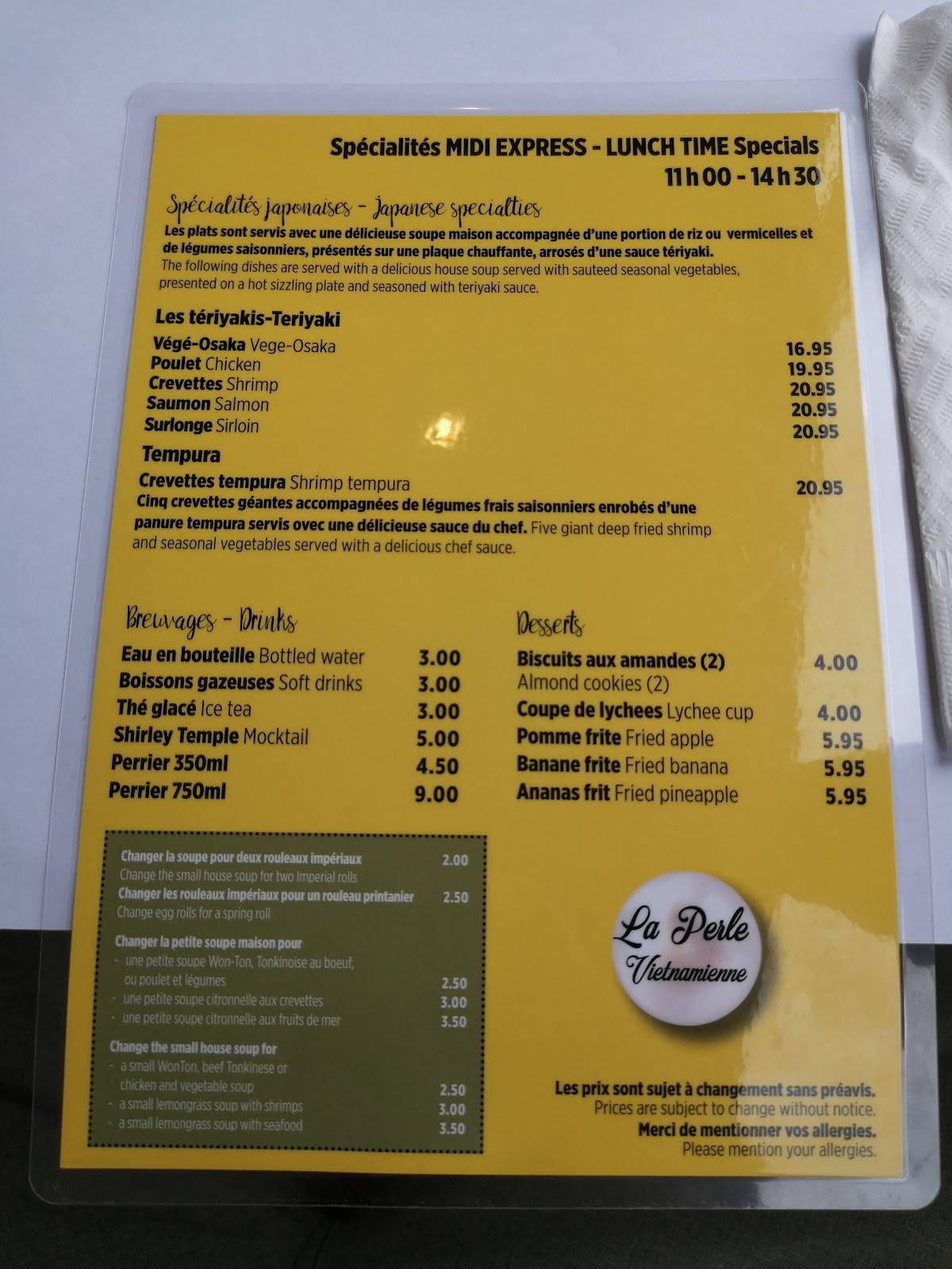 Menu au La Perle Vietnamienne restaurant, Laval, Boulevard des Laurentides