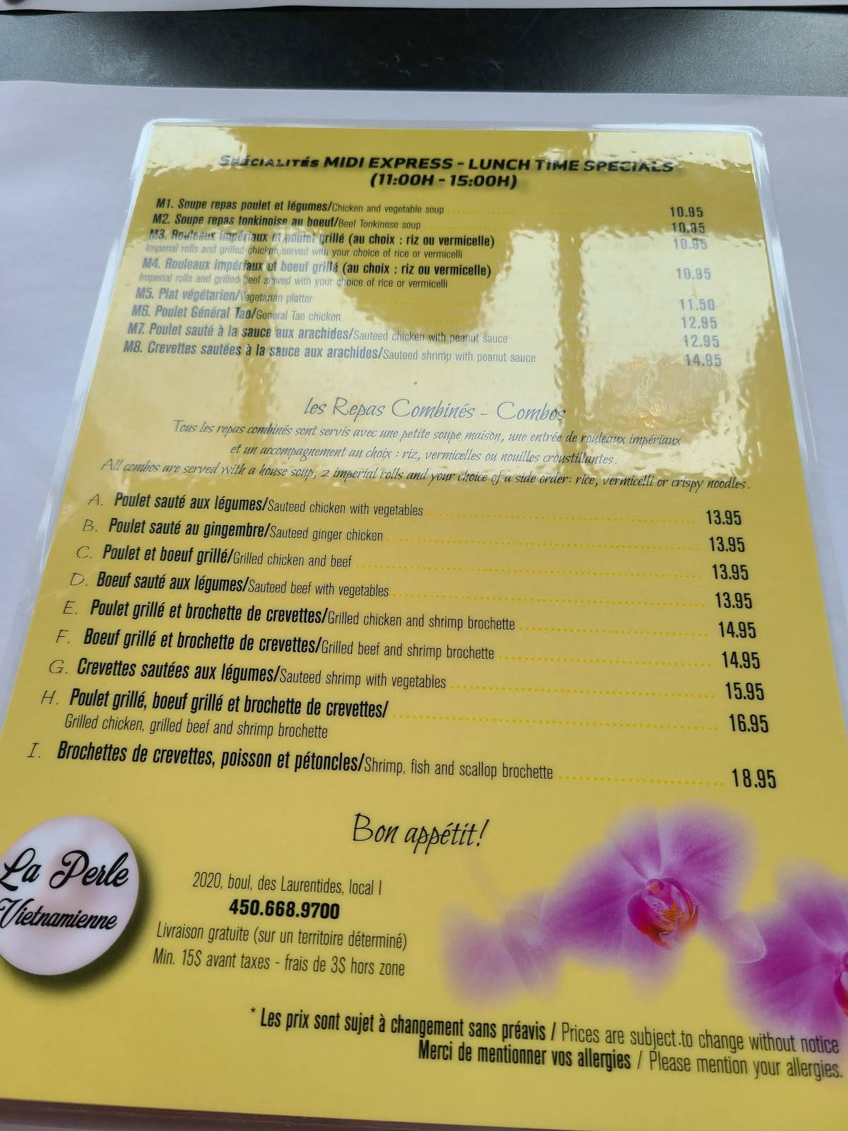 Menu au La Perle Vietnamienne restaurant, Laval, Boulevard des Laurentides