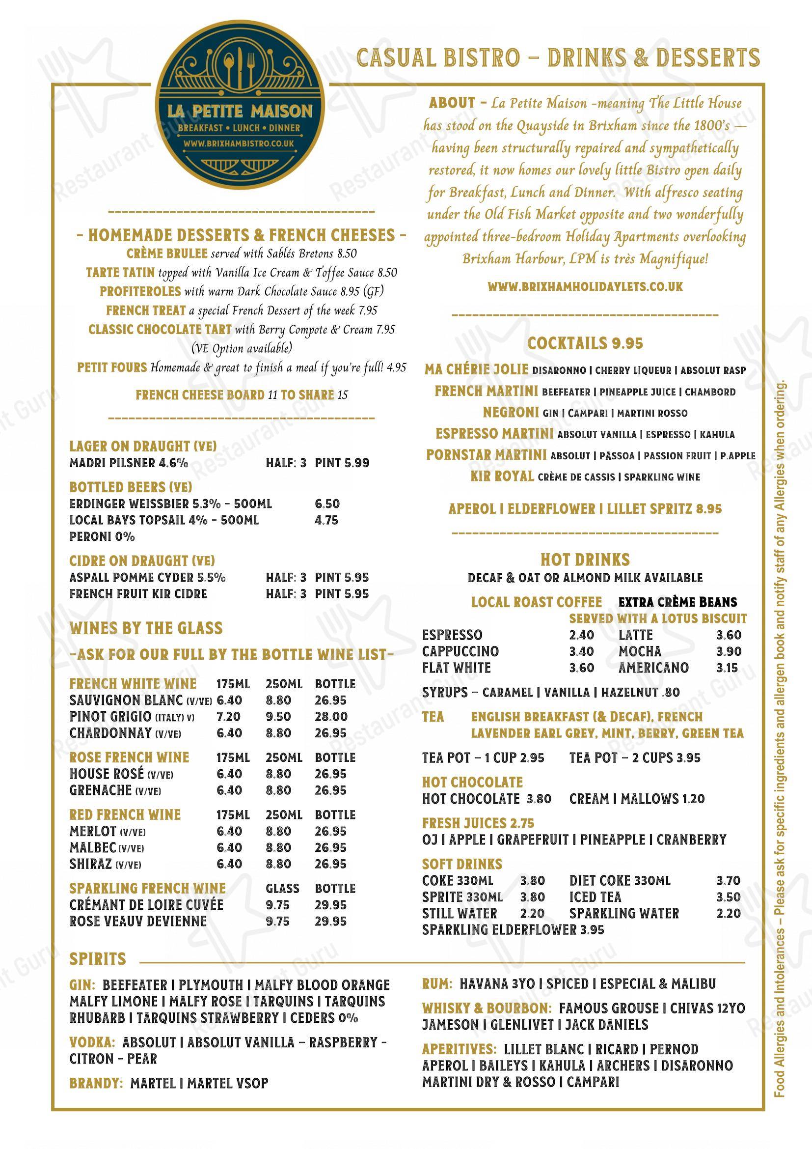 Menu at La Petite Maison restaurant, Brixham