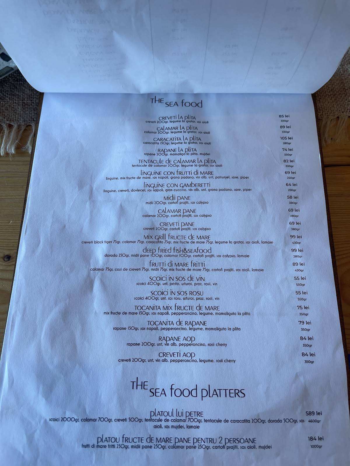 Menu at La Petre Pescarul, Eforie Sud