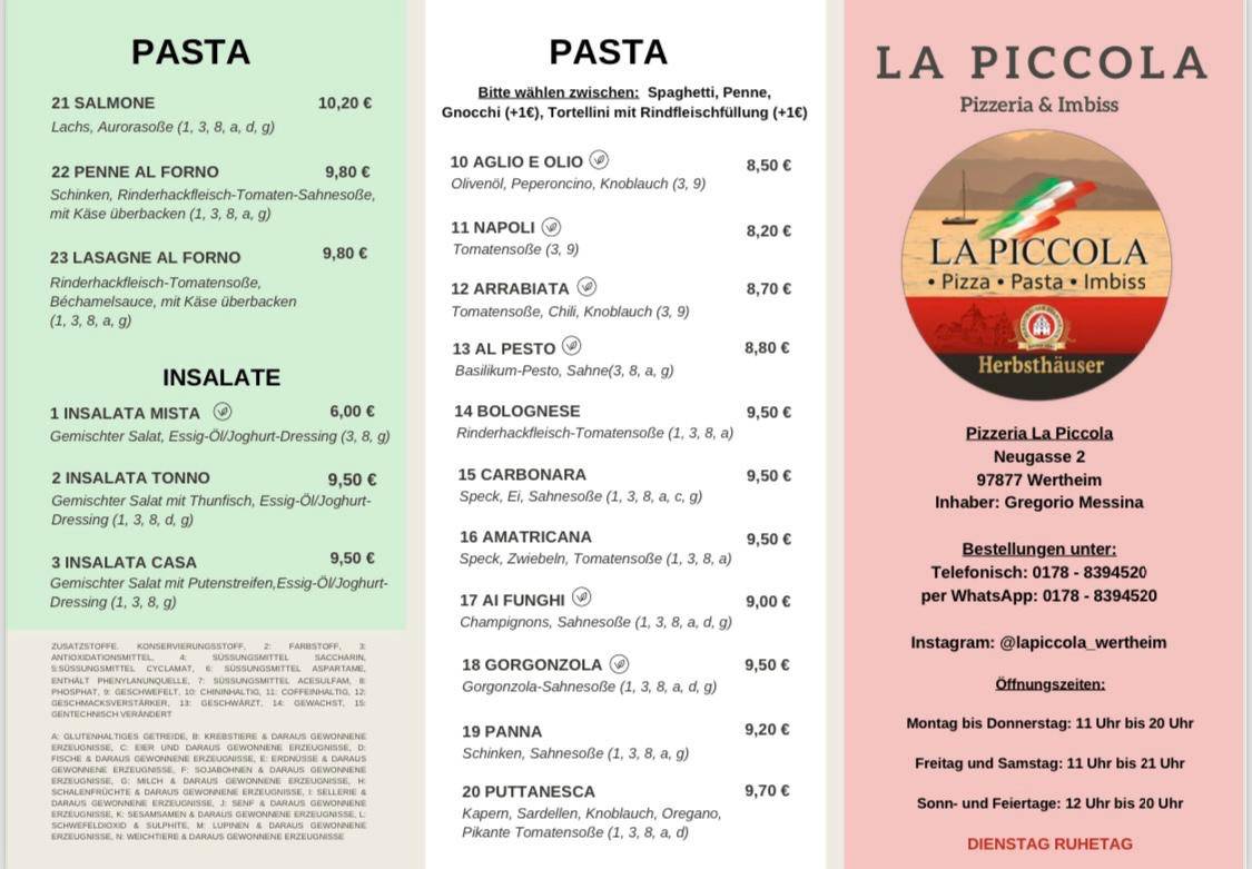 Speisekarte von La Piccola pizza, Wertheim