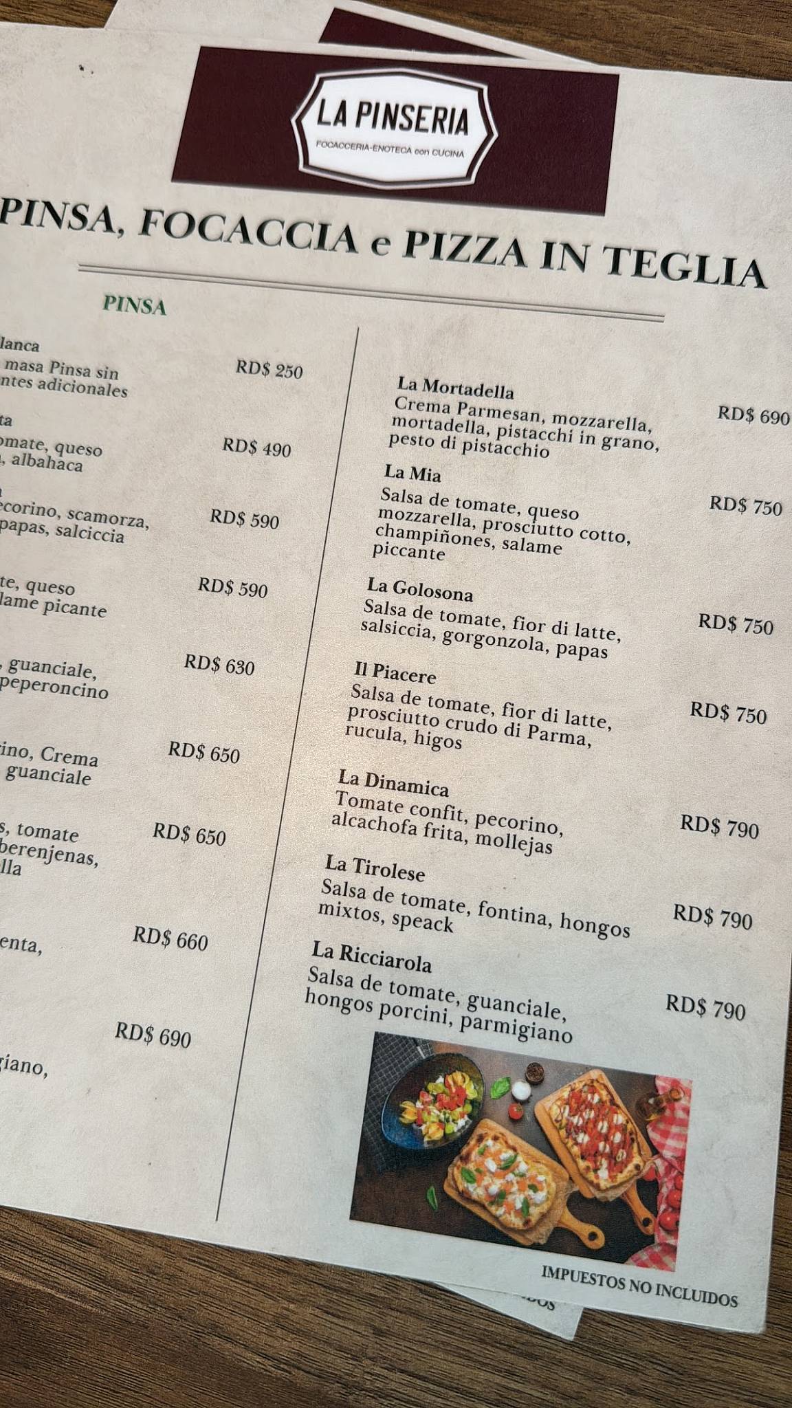 Carta del restaurante La Pinseria, Santo Domingo