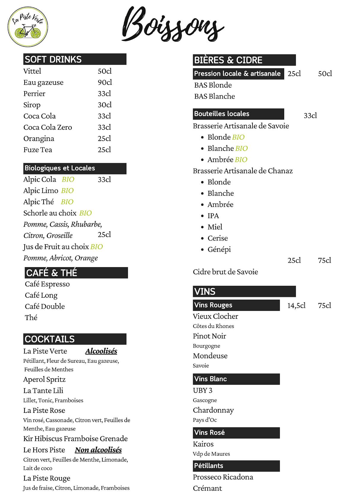Menu au La Piste Verte pub et bar, Sévrier