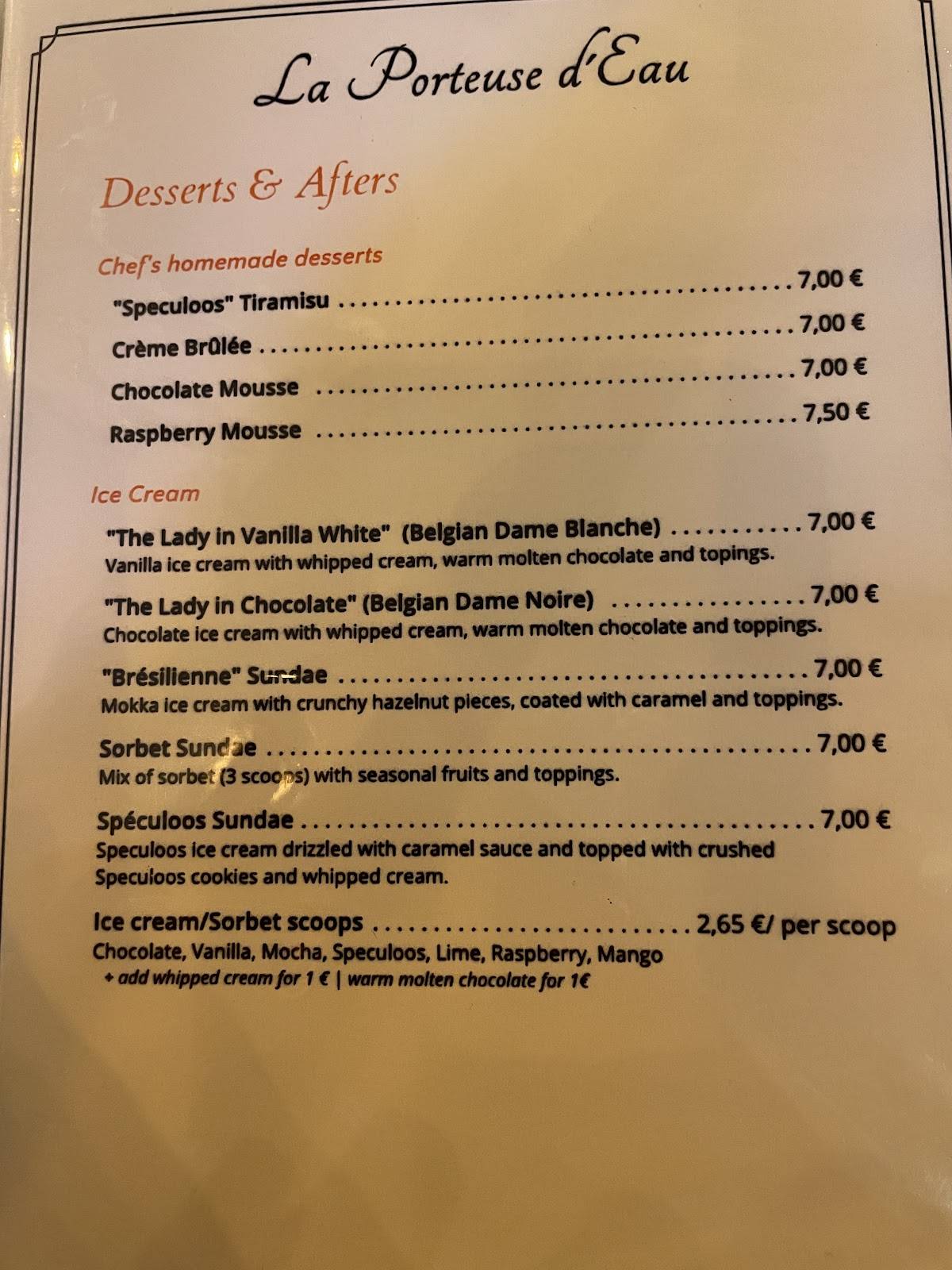 Menu au La Porteuse d'Eau restaurant, Saint-Gilles, Av. Jean Volders 48