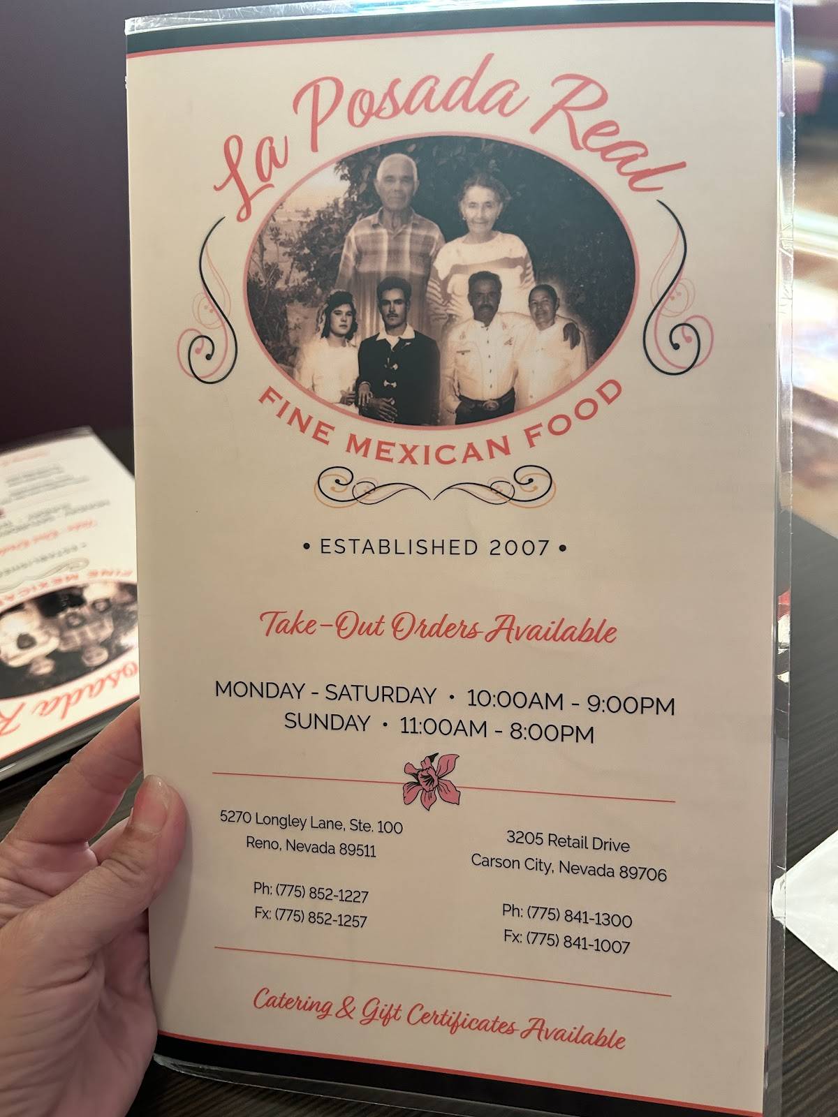 Menu at La Posada Real restaurant, Reno