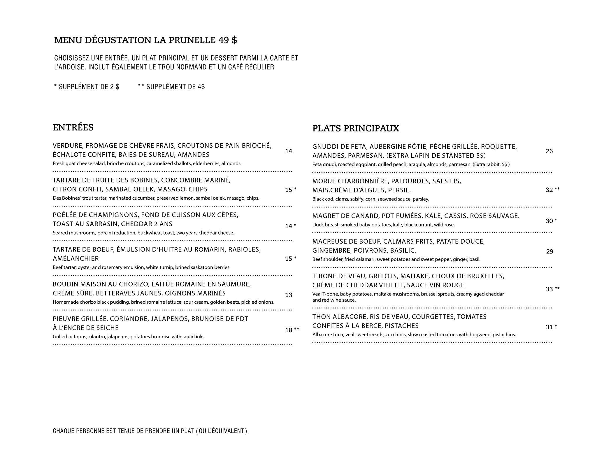 Menu au La Prunelle restaurant, Montréal