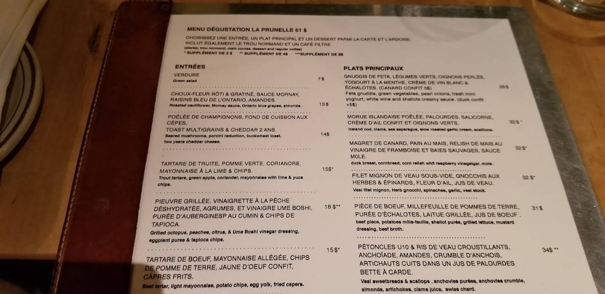 Menu au La Prunelle restaurant, Montréal