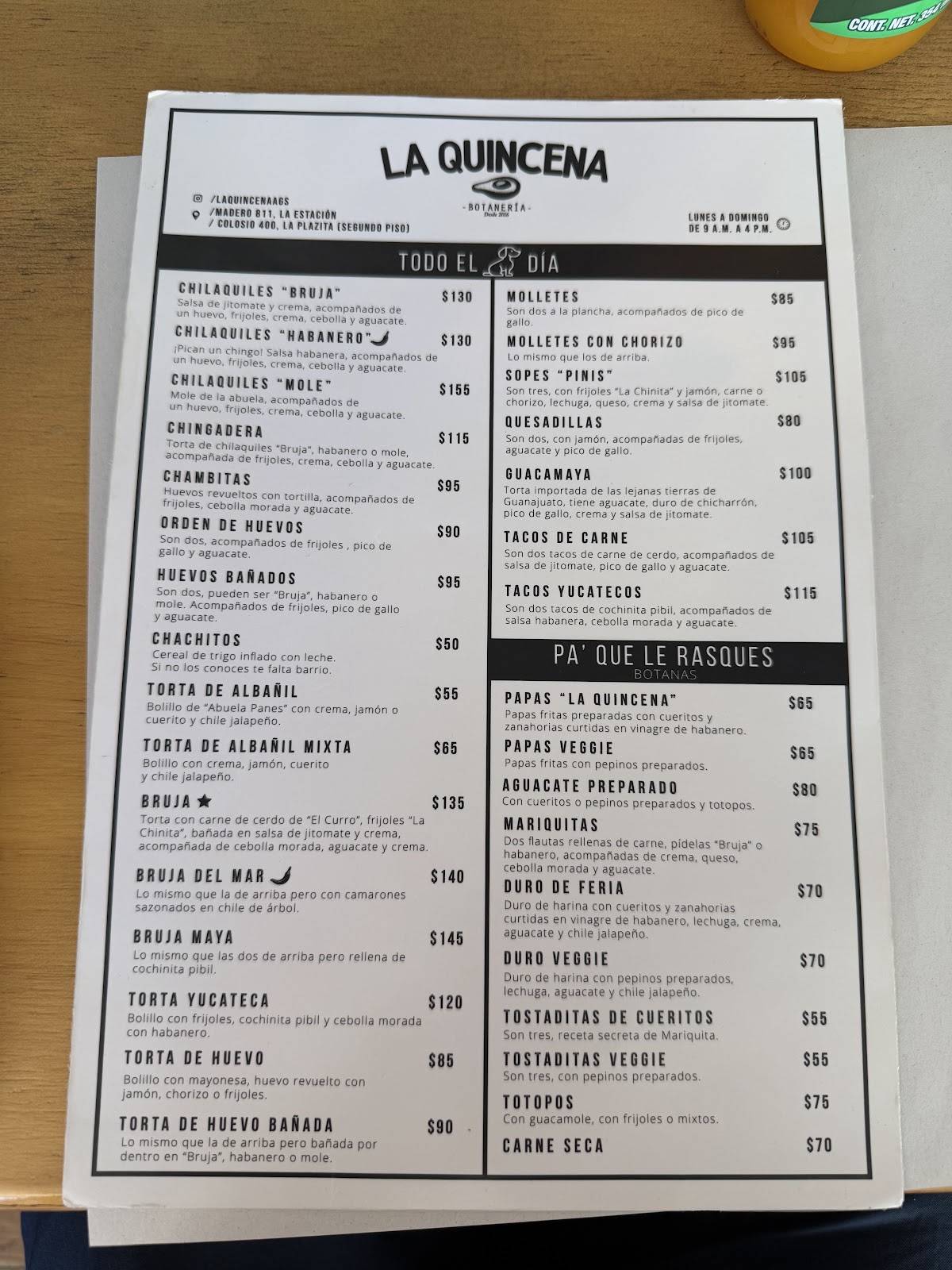 Carta del restaurante La Quincena BotanerÍa Norte, Aguascalientes