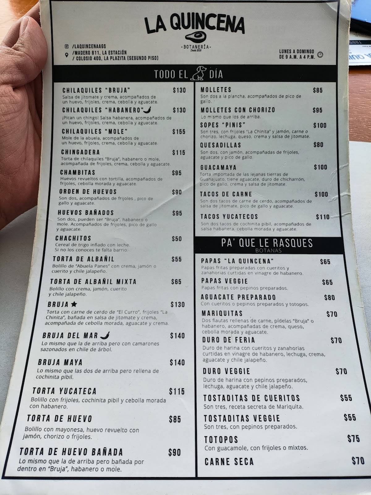 Menu at La Quincena BotanerÍa Norte restaurant, Aguascalientes