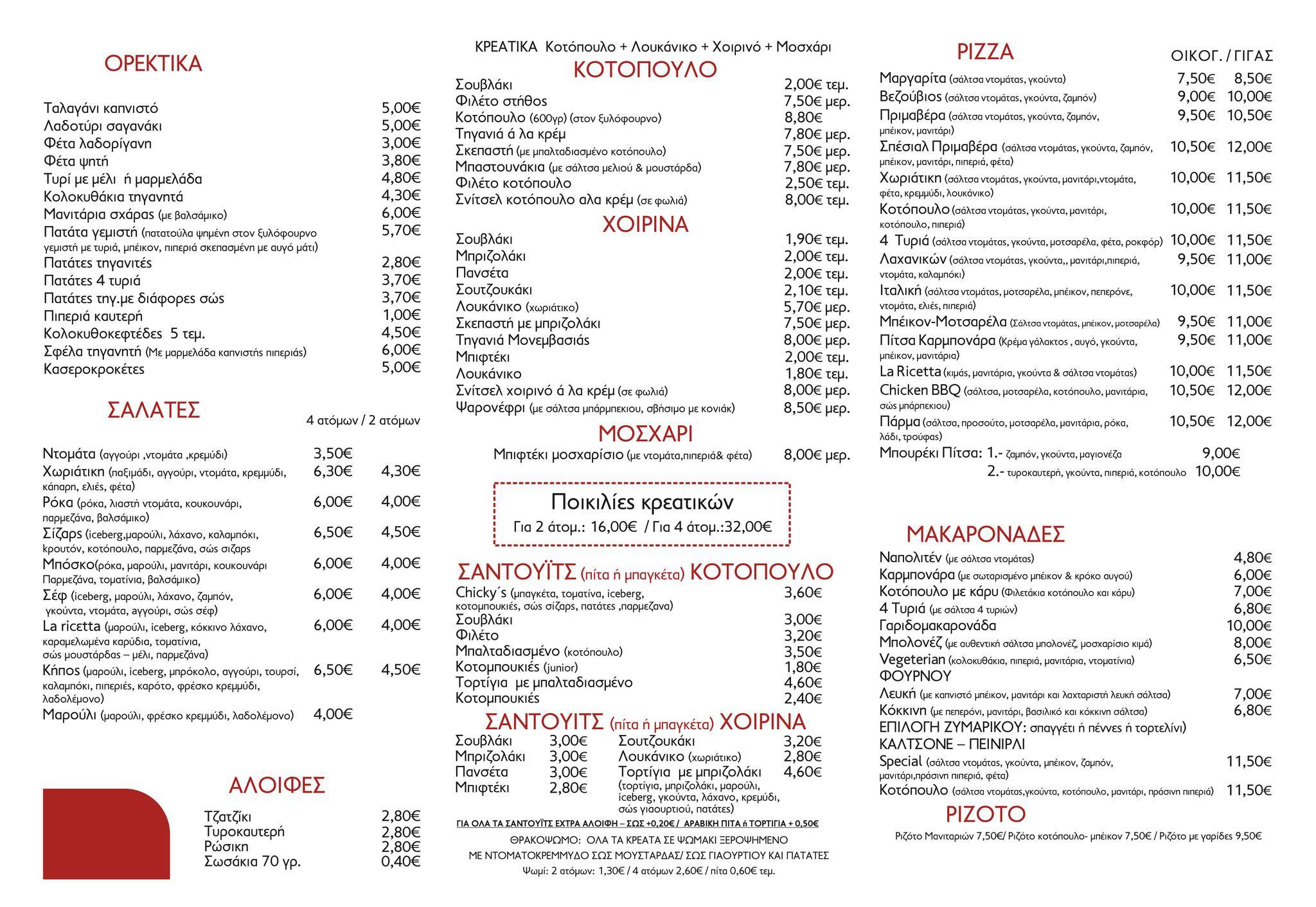 Menu at La Ricetta, Sindos