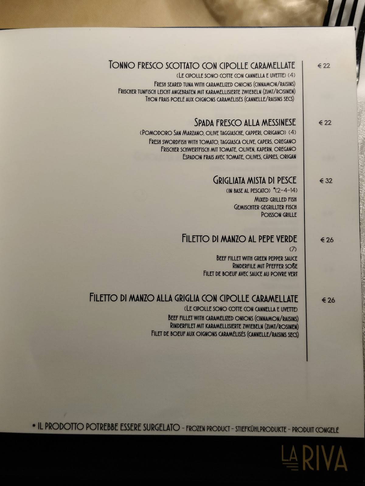 Menu da La Riva ristorante, Lesa