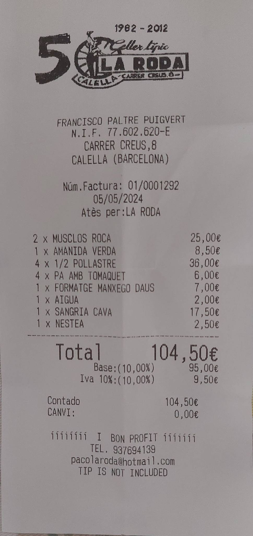 Menu at La Roda restaurant, Calella