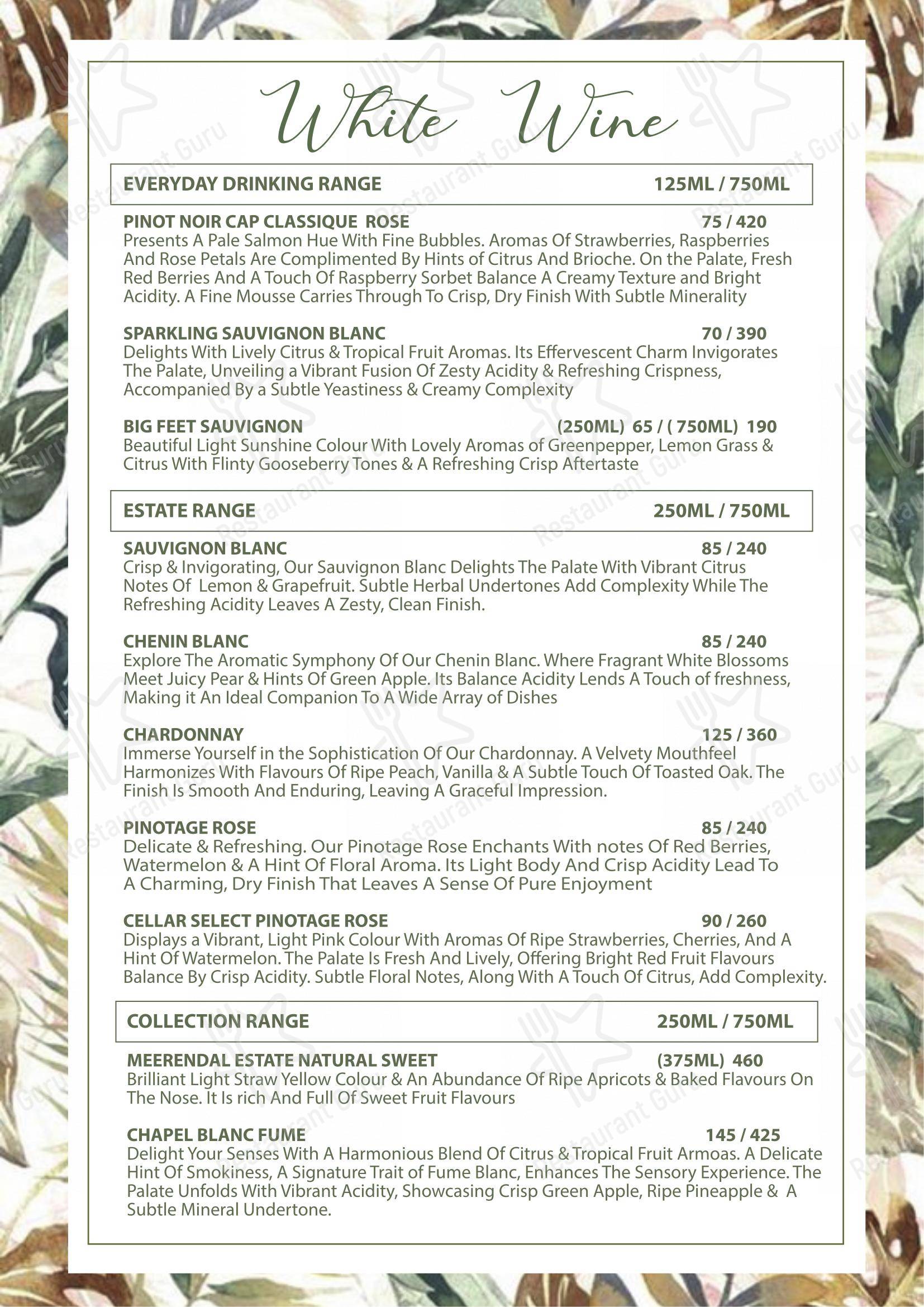 Menu at La Romantica restaurant, Cape Town, Meerendal Wine Estate
