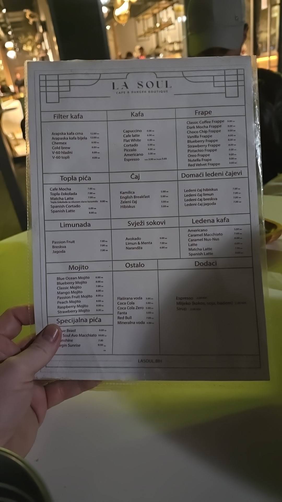 Menu at La Soul Cafe & Burger Boutique, Sarajevo
