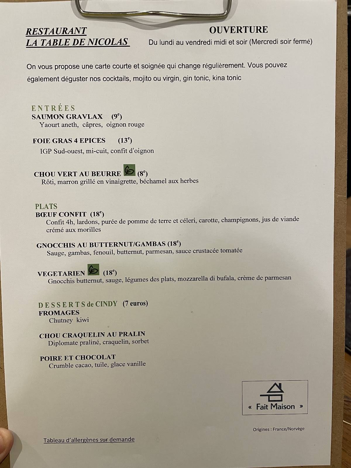 Menu au La Table de Nicolas restaurant, Narbonne