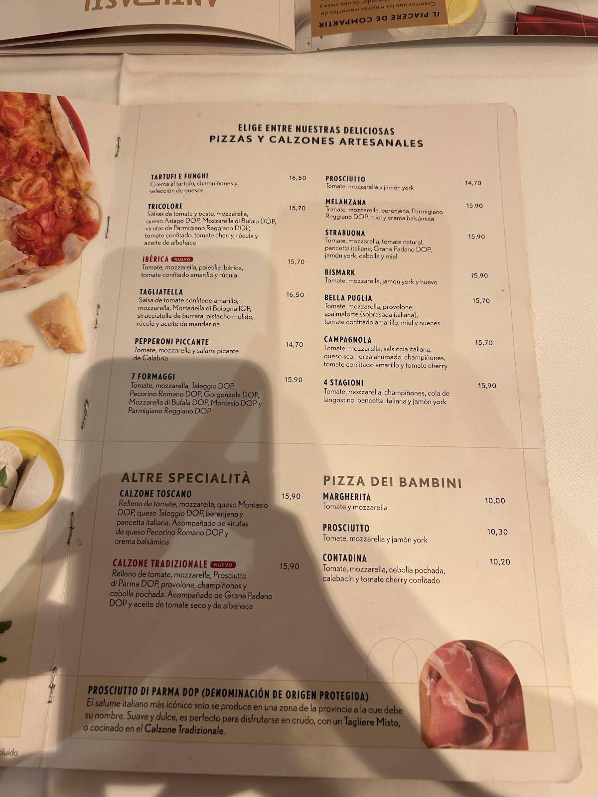 Carta de Restaurante La Tagliatella, Madrid, Avenida Felipe II
