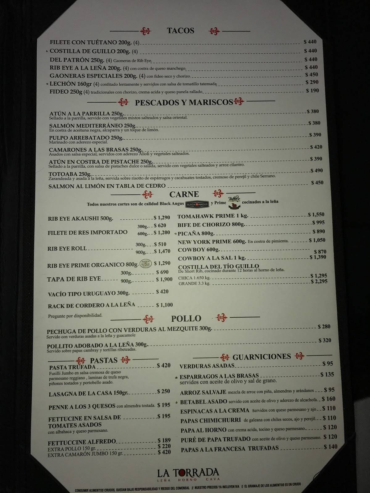 Carta de parrilla La Torrada, Monterrey, 2500 Col. Valle Oriente