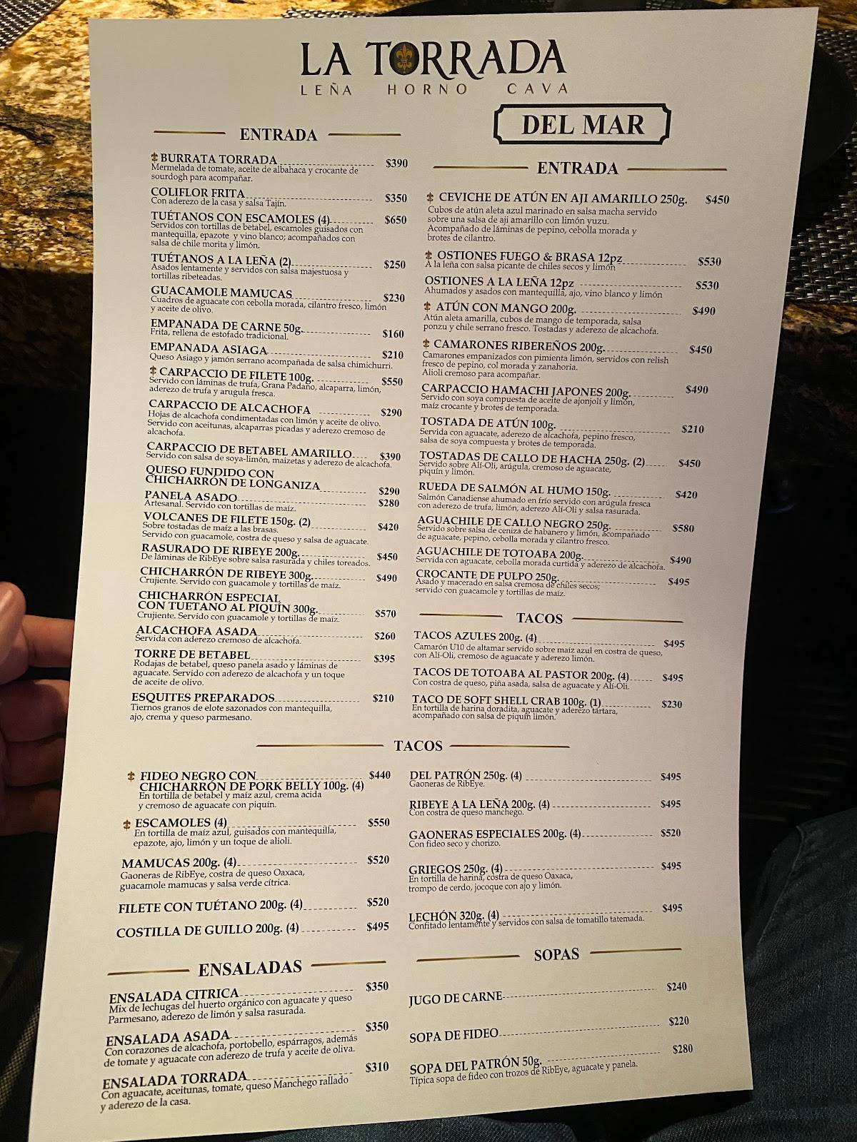 Carta de parrilla La Torrada, Monterrey, 2500 Col. Valle Oriente