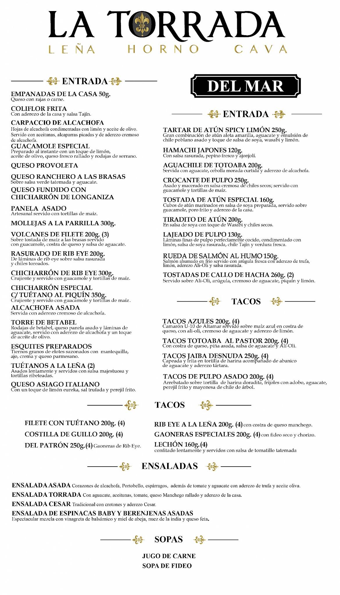 Carta de parrilla La Torrada, Monterrey, 2500 Col. Valle Oriente