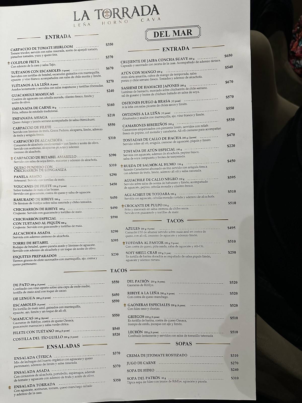 Menu at La Torrada steakhouse, Monterrey, Av Lázaro Cárdenas 2500