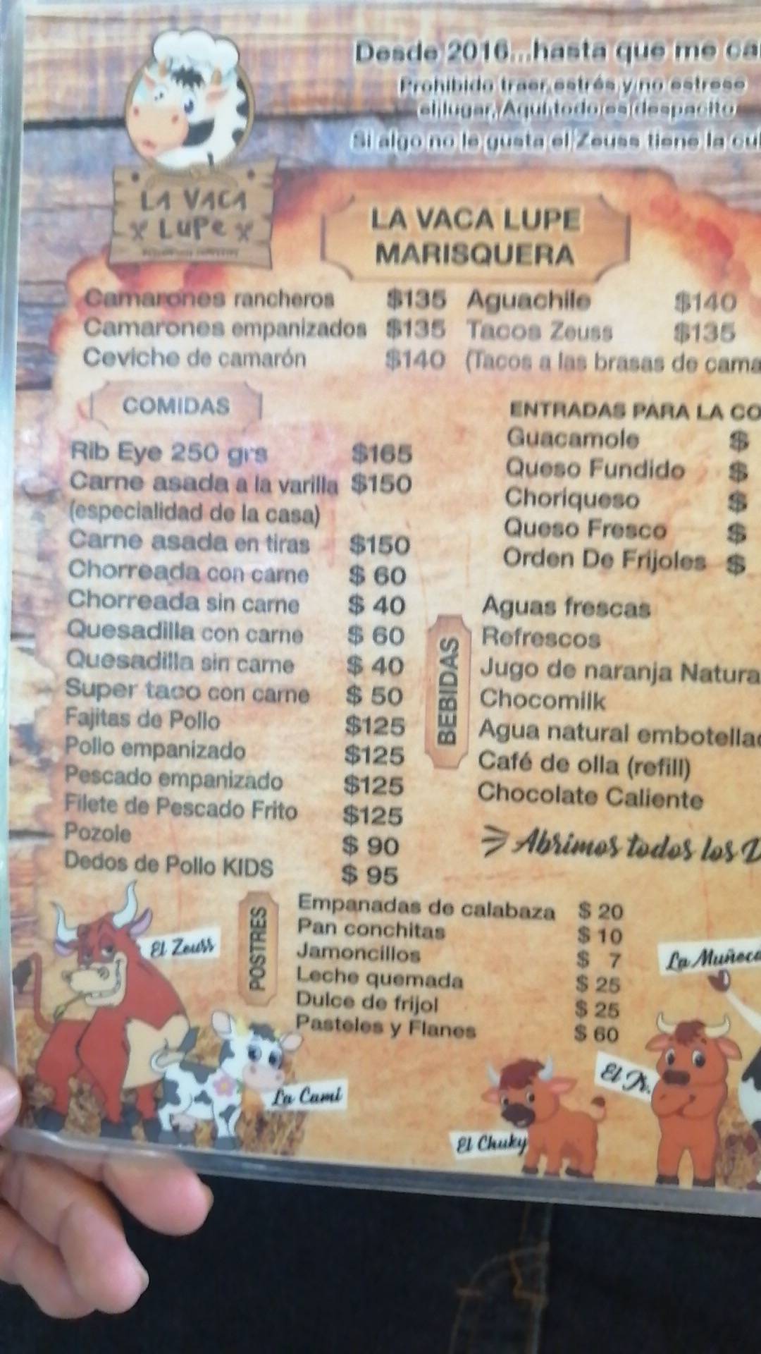 Carta del restaurante La Vaca Lupe, Mexico