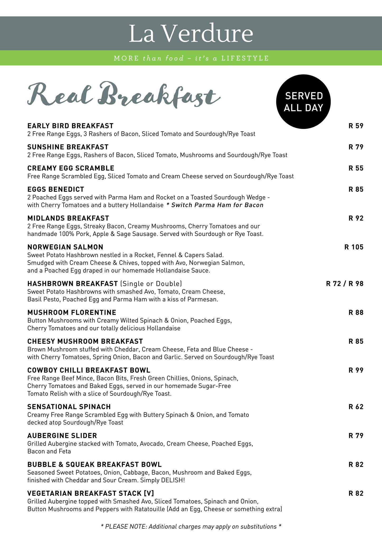 Menu at La Verdure Real Food Cafe, Gillitts