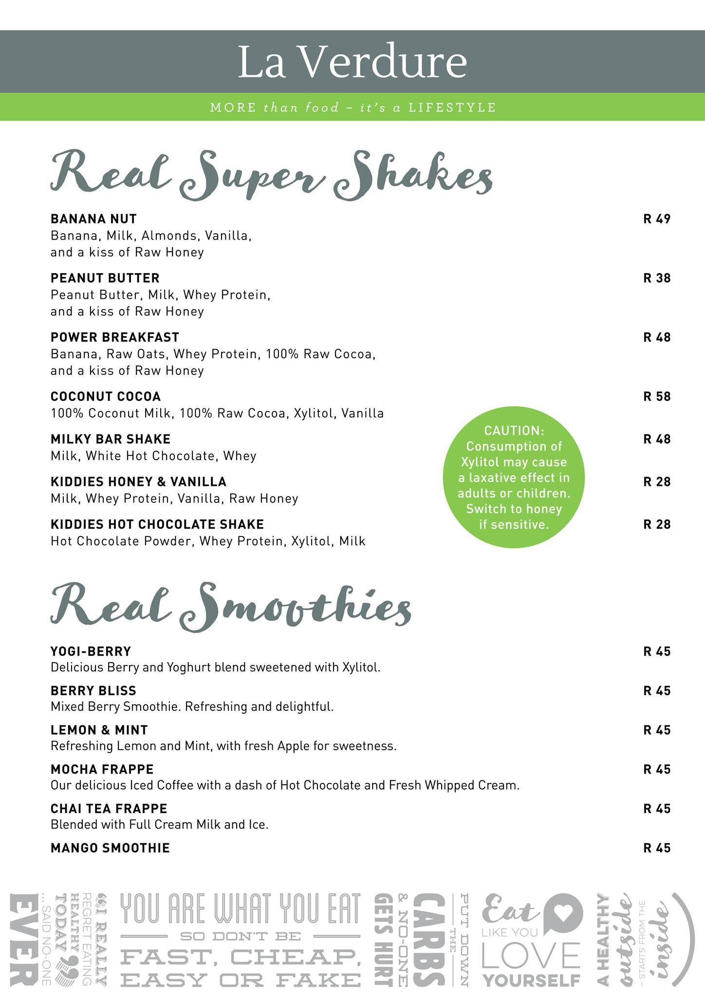 Menu at La Verdure Real Food Cafe, Gillitts