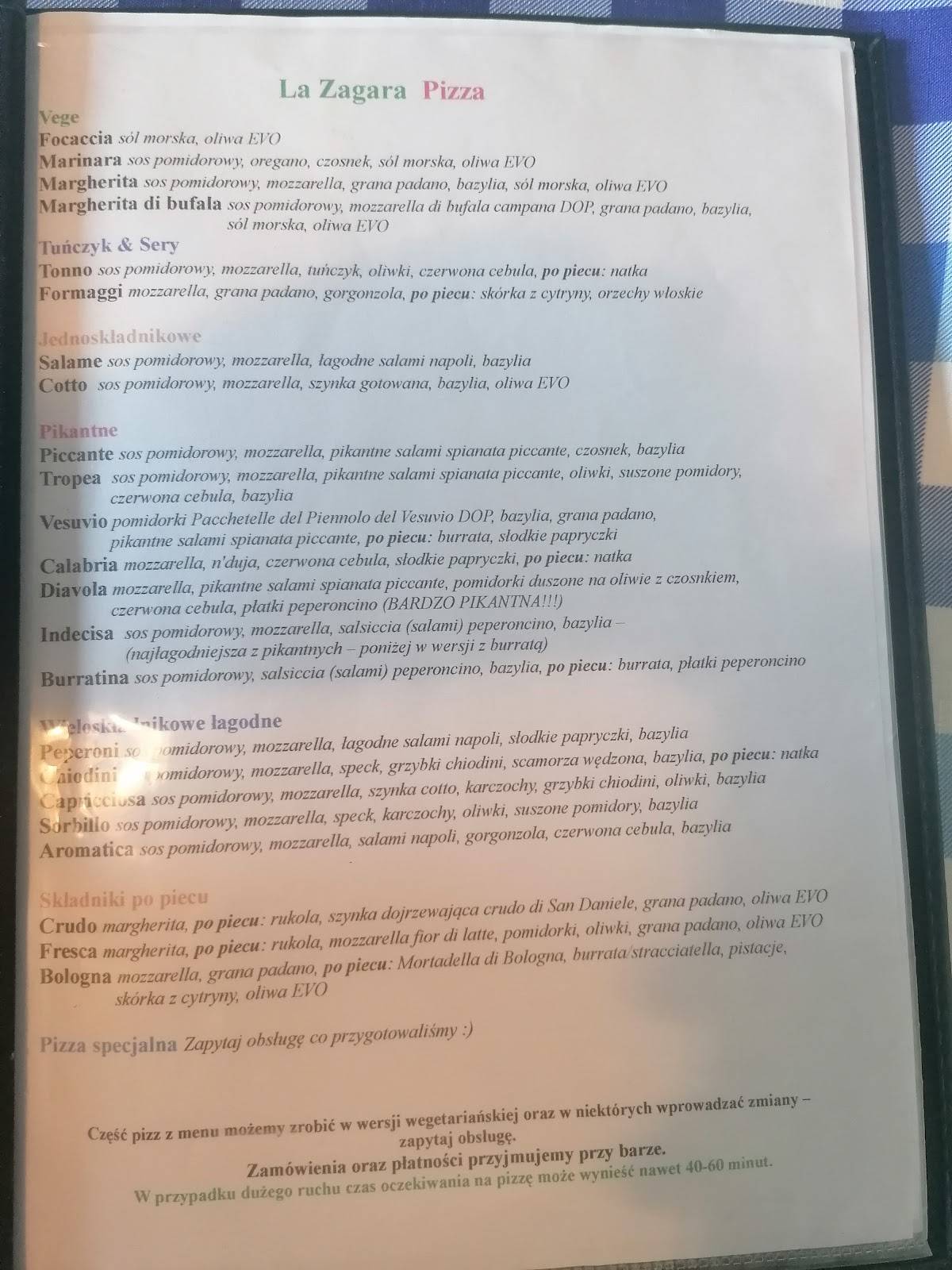 Menu at La Zagara Specialità Italiane restaurant, Węgrzce