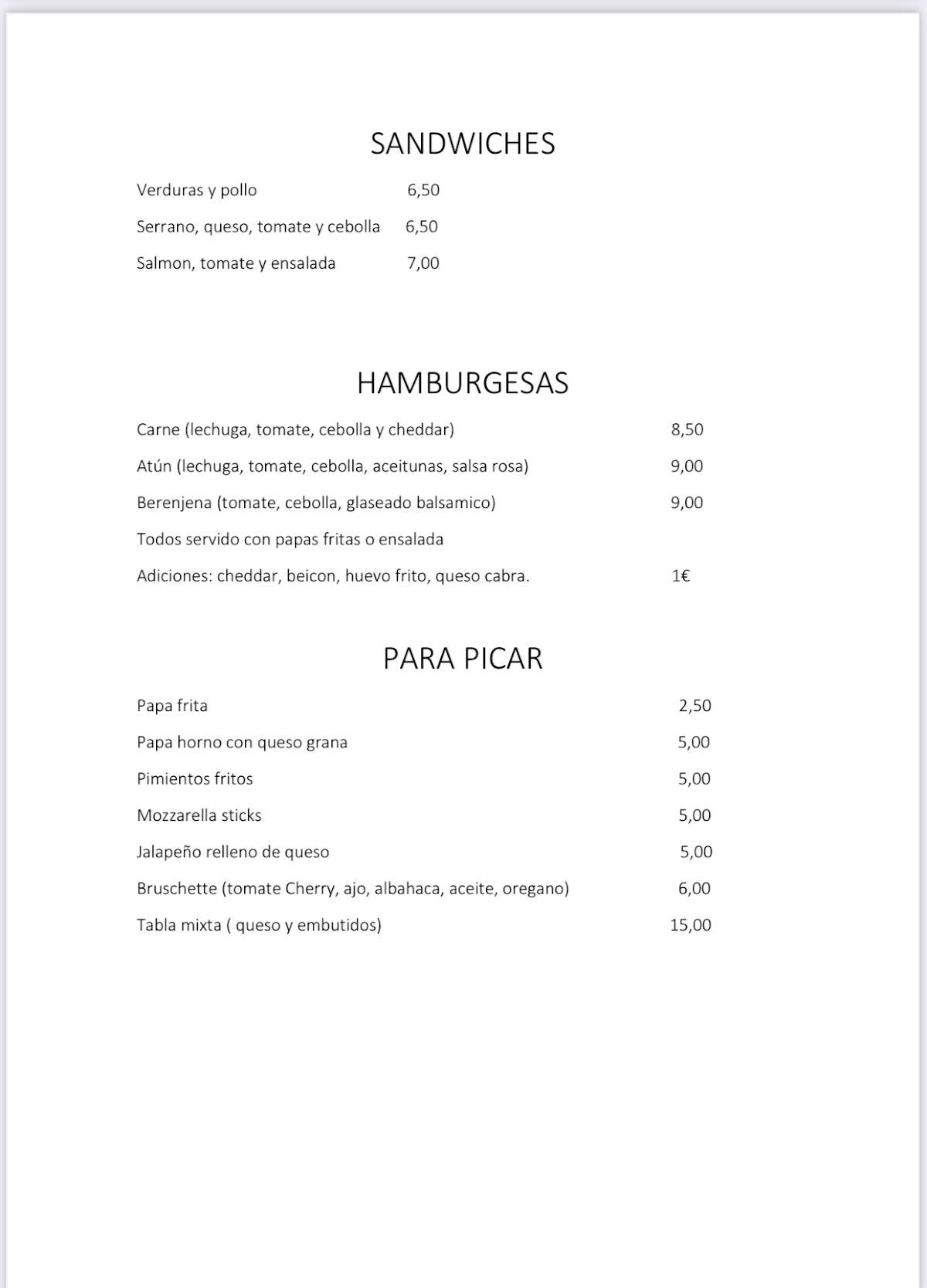 Carta del pub y bar La terraza del jerry, Las Palmas del Gran Canaria
