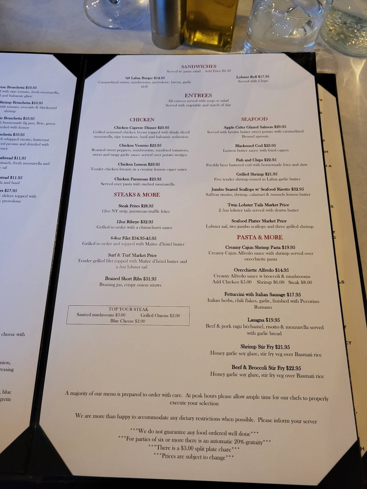Menu at Labas Seafood Steak & Wine Bar, Monee