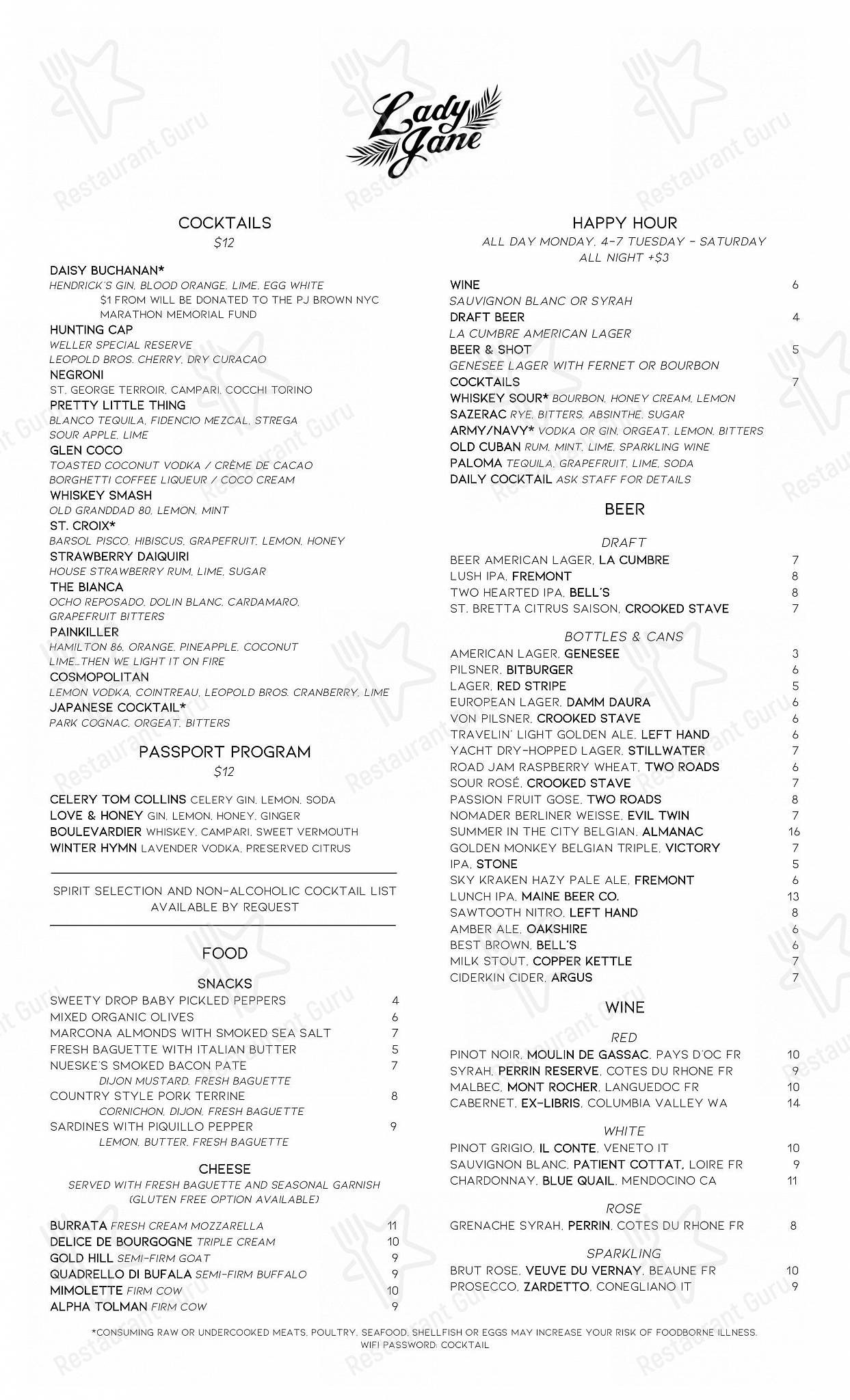 Carta del pub y bar Lady Jane, Denver