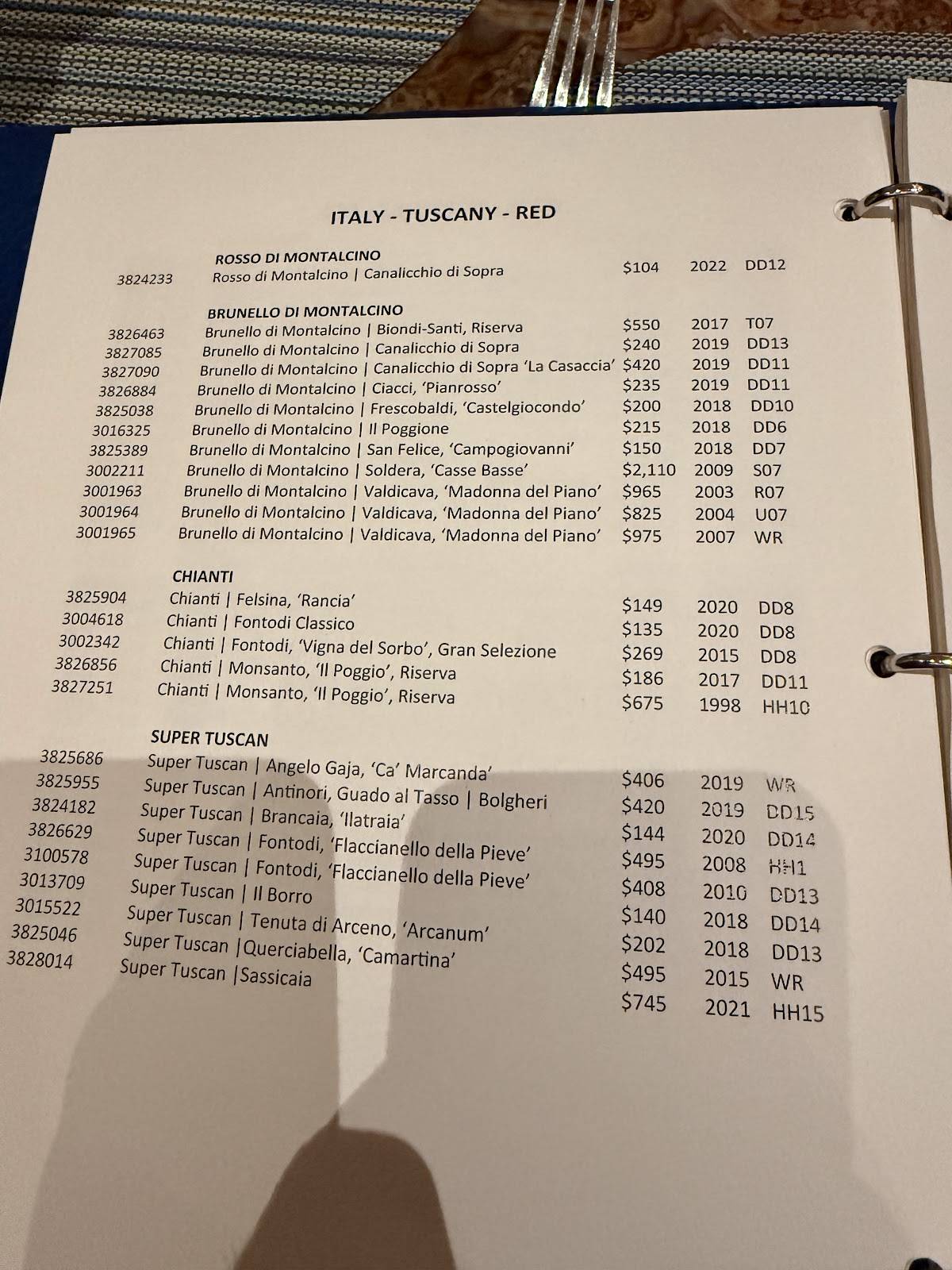 Menu at Lago restaurant, Las Vegas, 3600 S Las Vegas Blvd