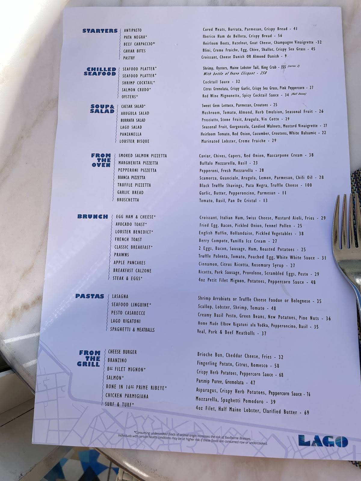 Menu at Lago restaurant, Las Vegas, 3600 S Las Vegas Blvd