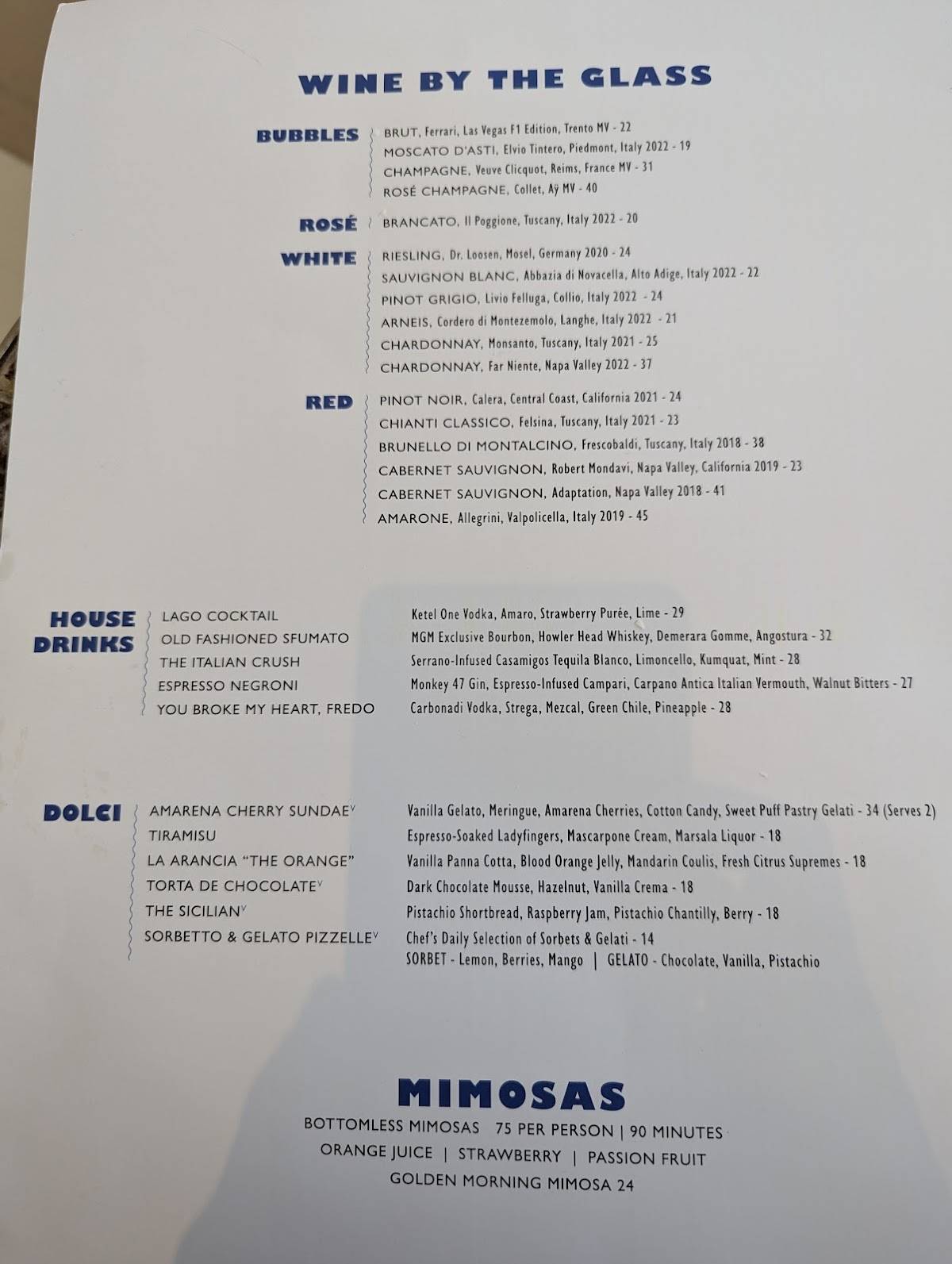 Menu at Lago restaurant, Las Vegas, 3600 S Las Vegas Blvd