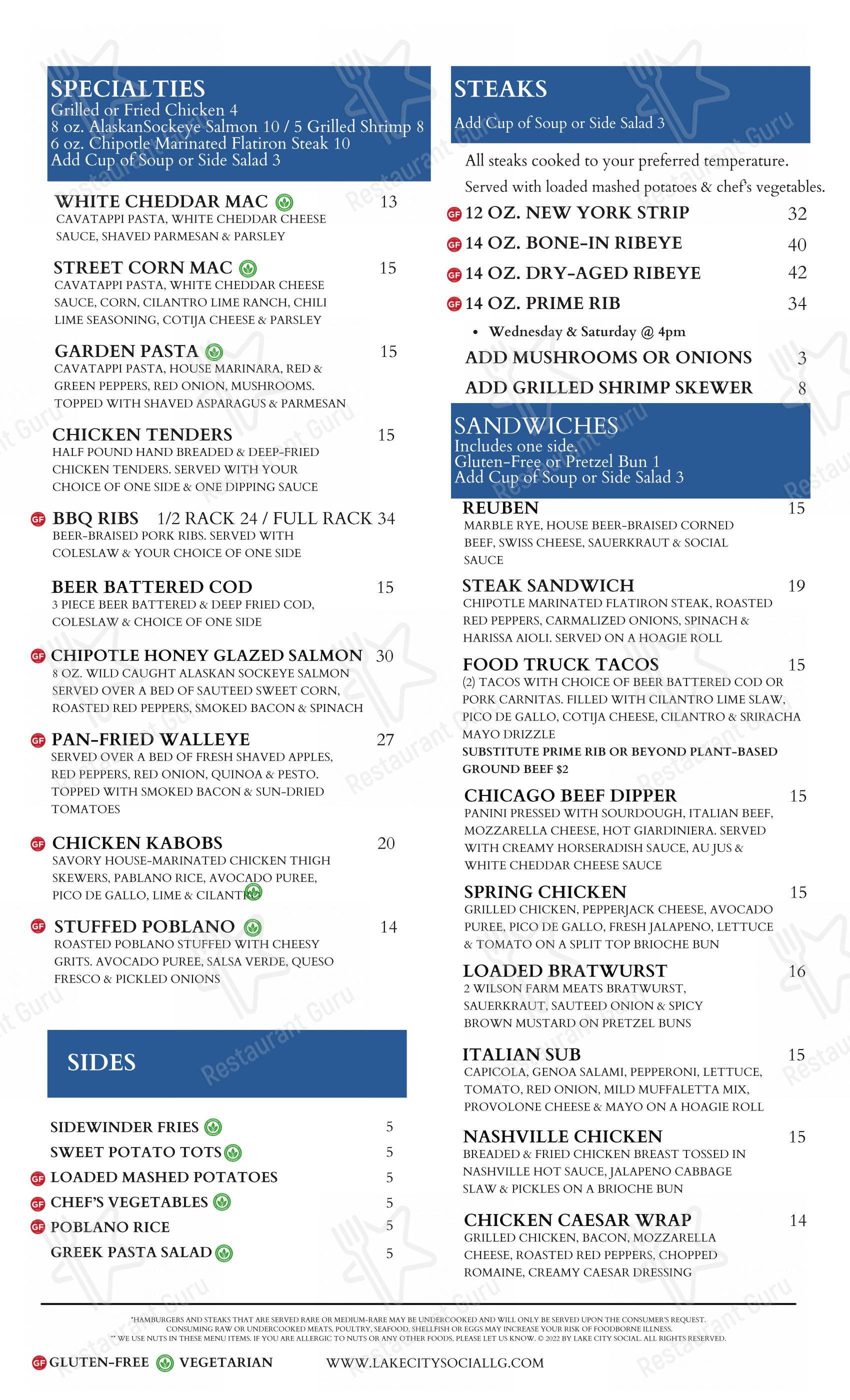 Menu at Lake City Social pub & bar, Lake Geneva