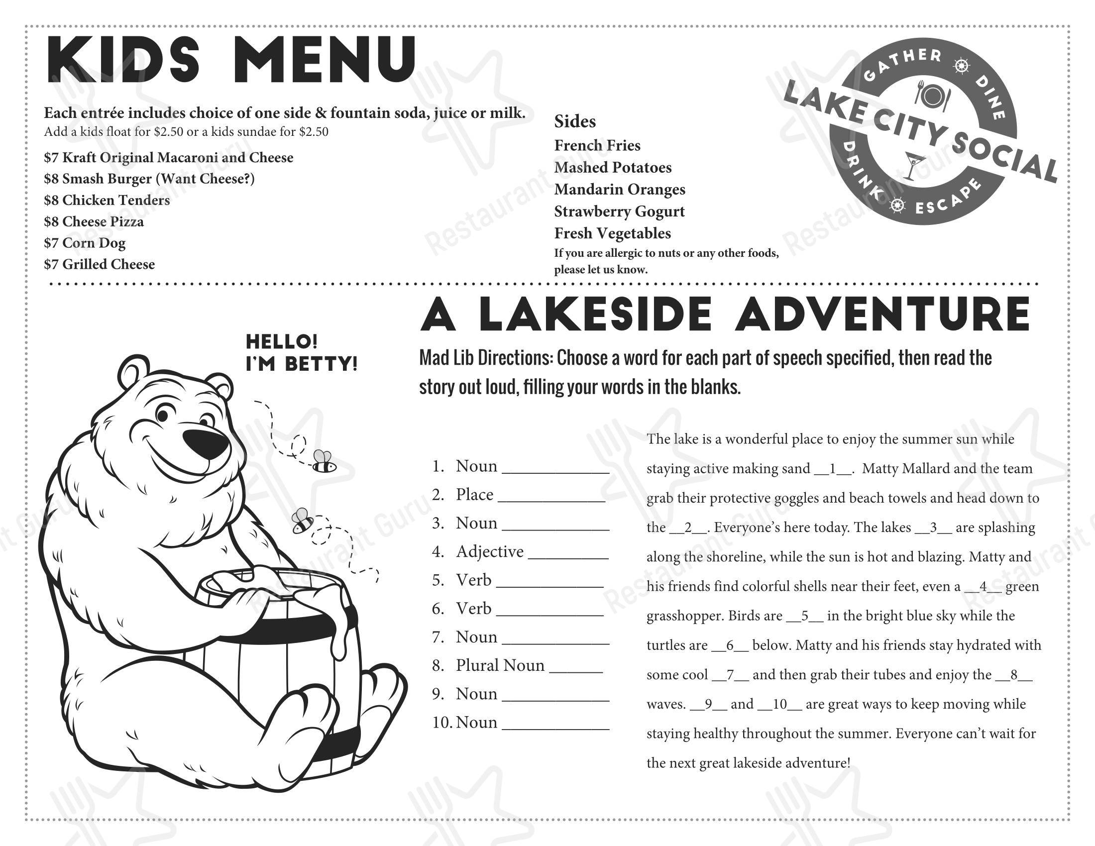 Menu at Lake City Social pub & bar, Lake Geneva