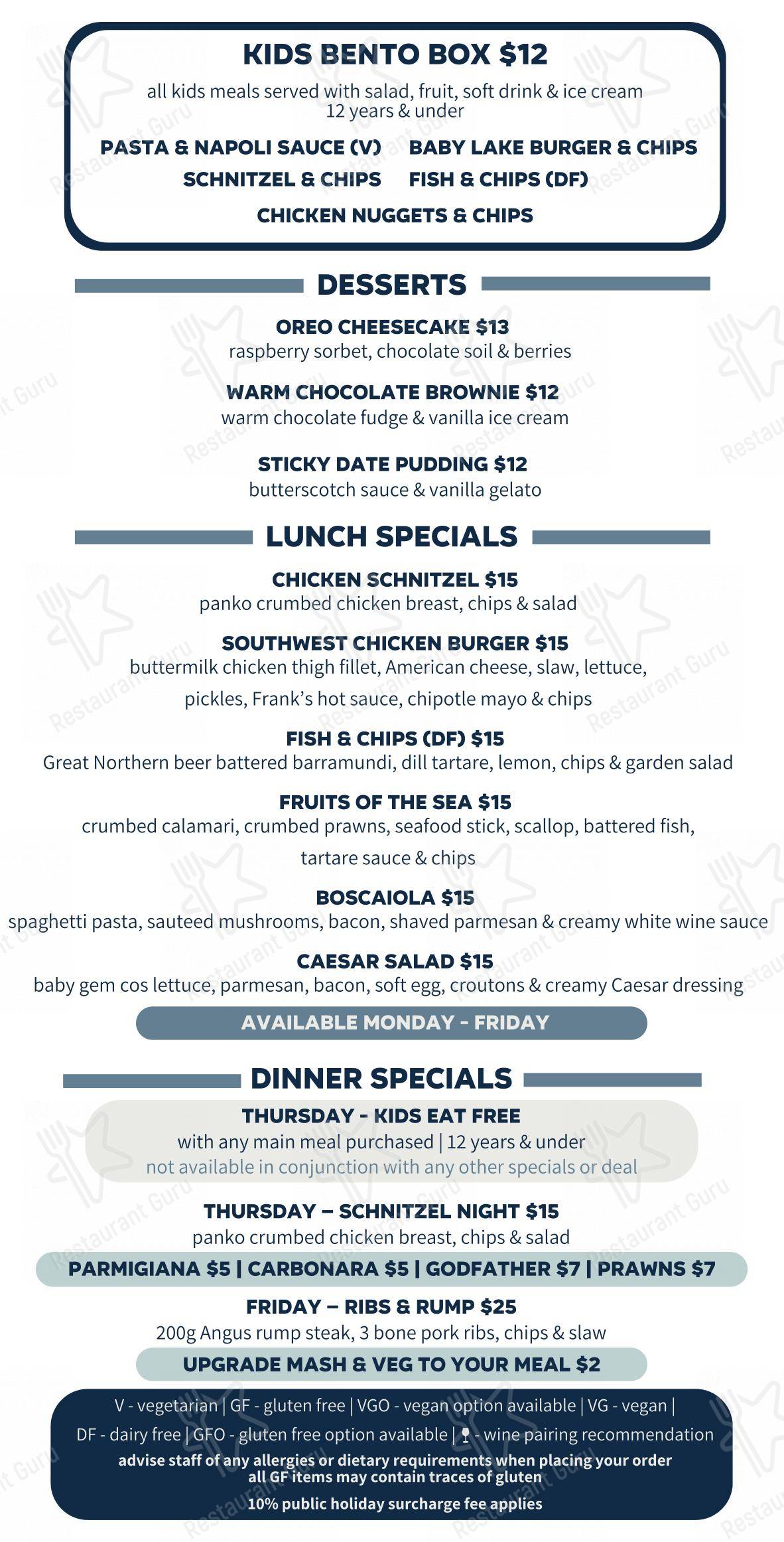 Menu at Lake Illawarra Hotel pub & bar, Windang