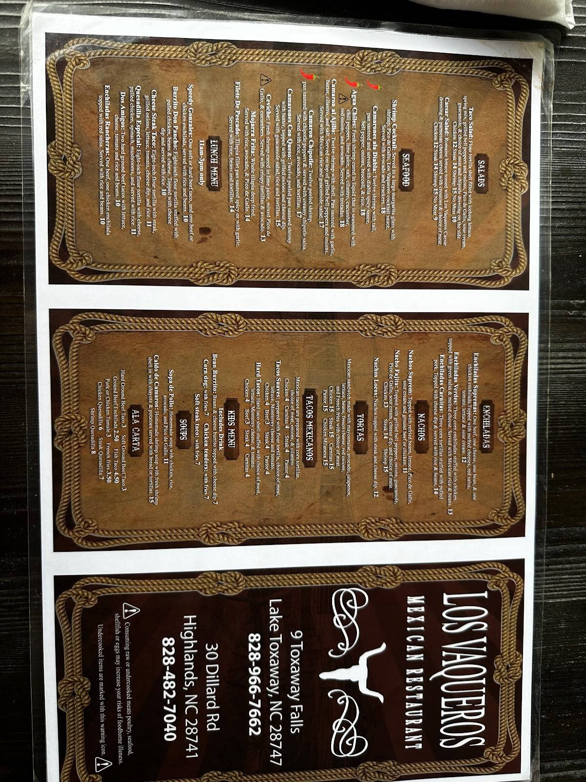 Menu at Los Vaqueros Mexican Restaurant, Lake Toxaway