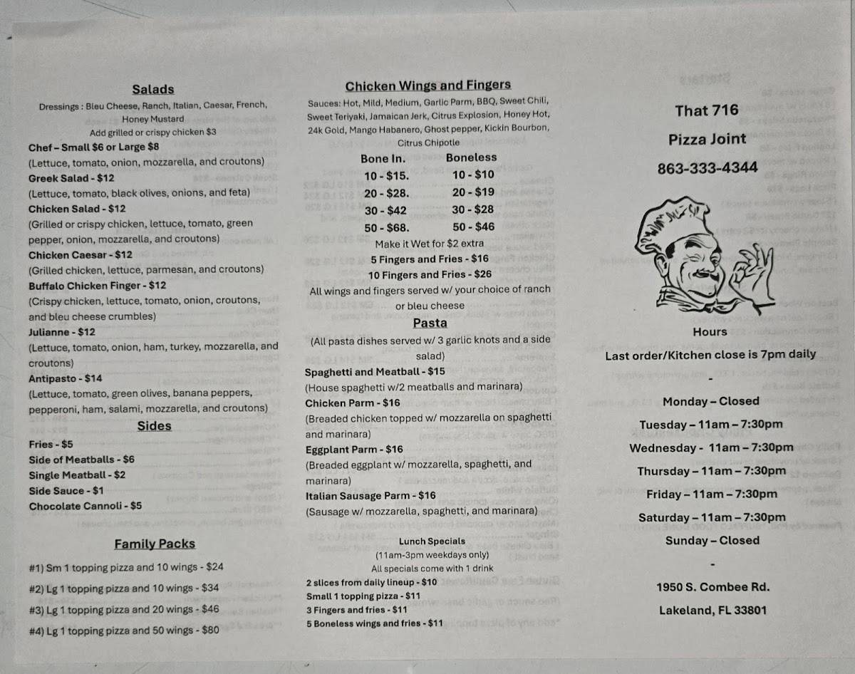 Menu at 716 Pizza Joint pizzeria, Lakeland