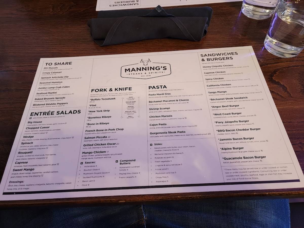 Menu at Manning's Steaks and Spirits steakhouse, Lakewood