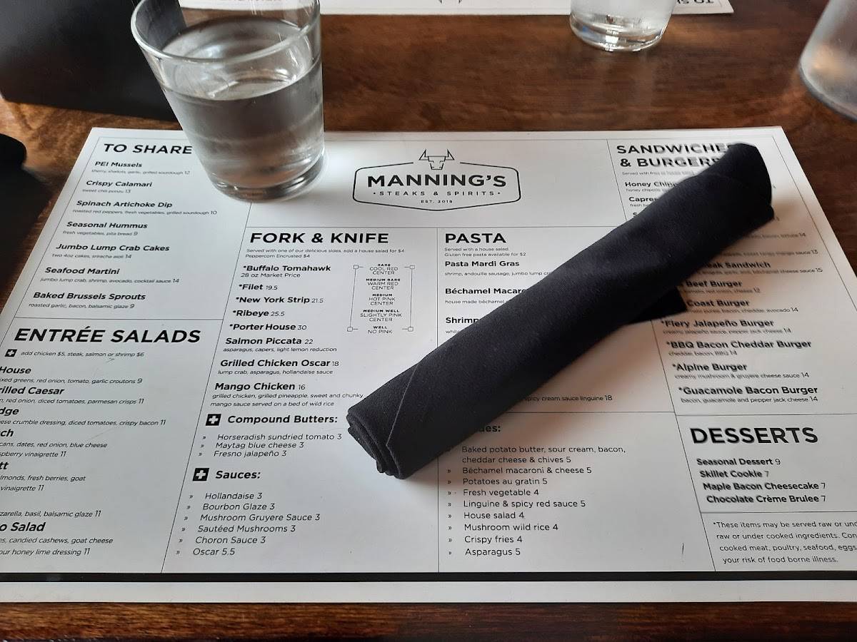 Menu at Manning's Steaks and Spirits steakhouse, Lakewood