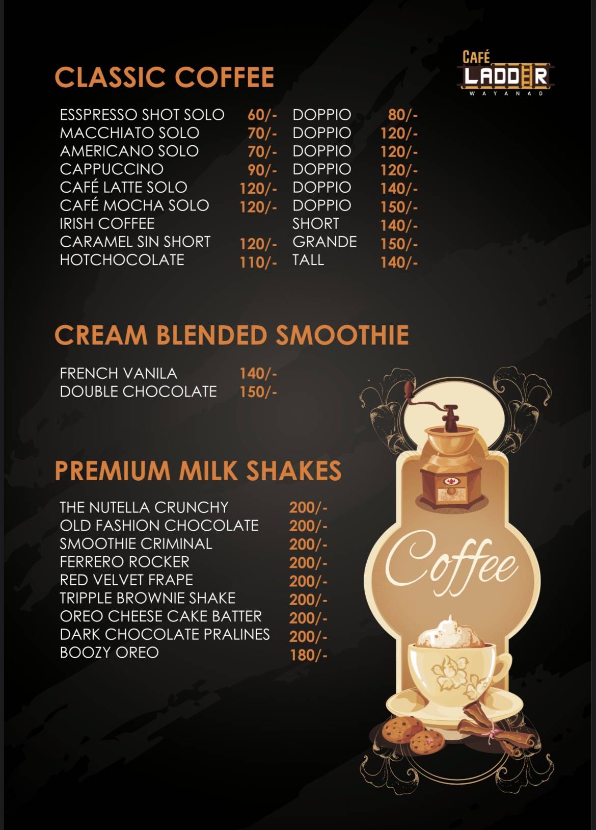 Menu at Cafe ladder, Lakkidi