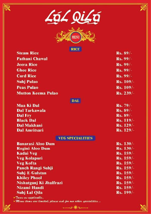 Menu at Lal Qila, Bhubaneswar