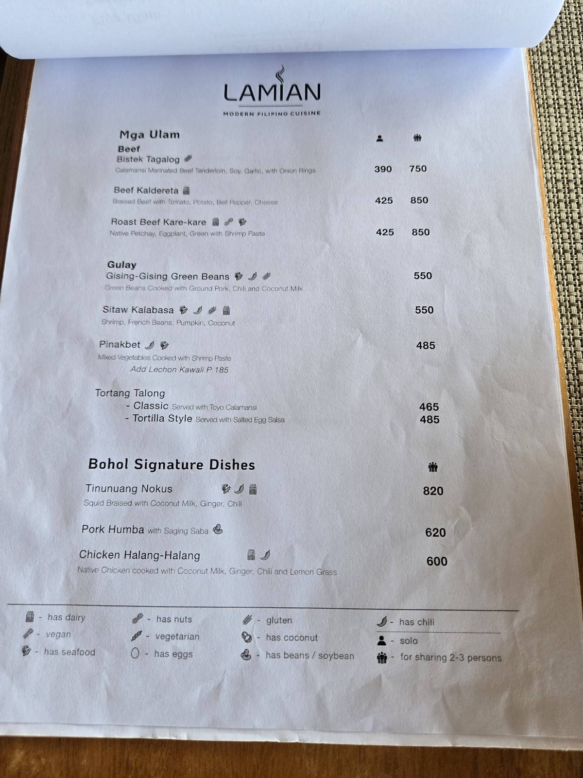 Menu at Lamian Modern Filipino Cuisine restaurant, Panglao
