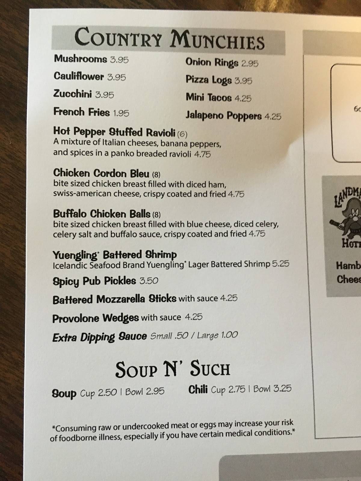 Menu at Landmark Hotel restaurant, Tidioute