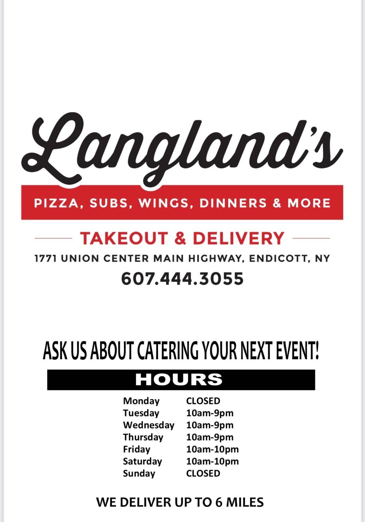 Menu at Langland's pizzeria, Endicott
