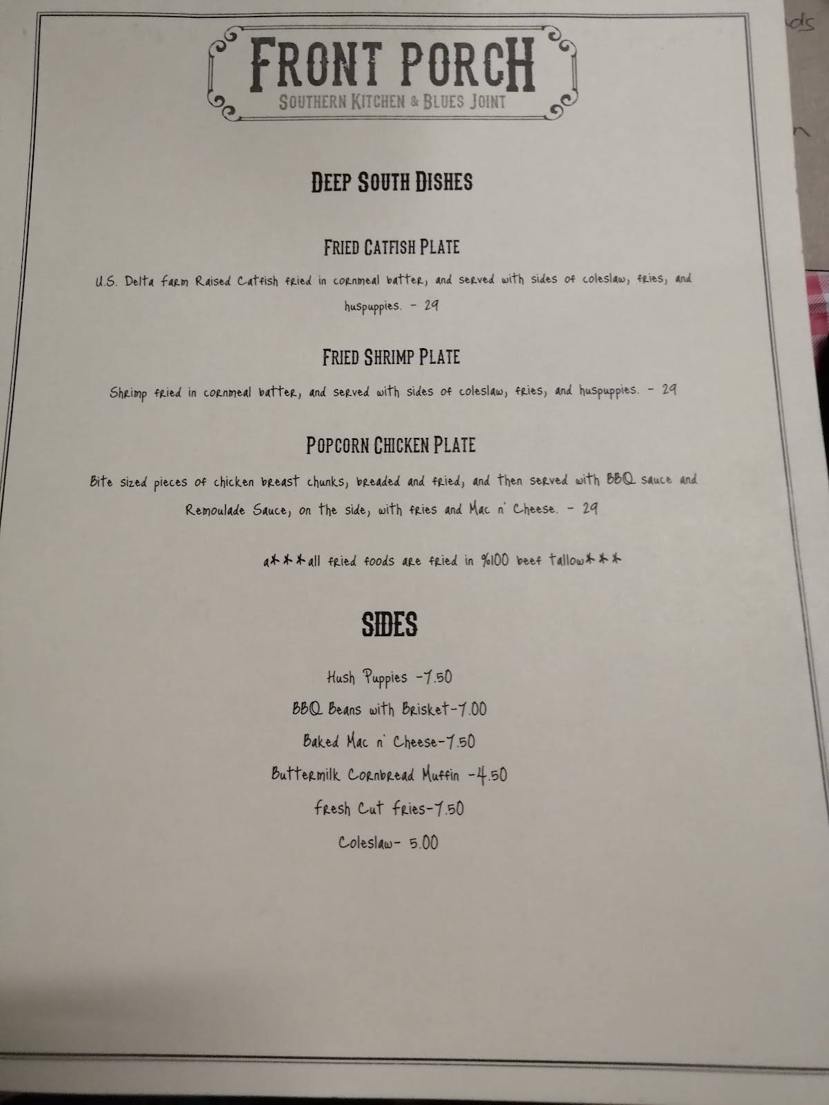 Menu at Front Porch Southern Kitchen and Blues Joint restaurant, Langton