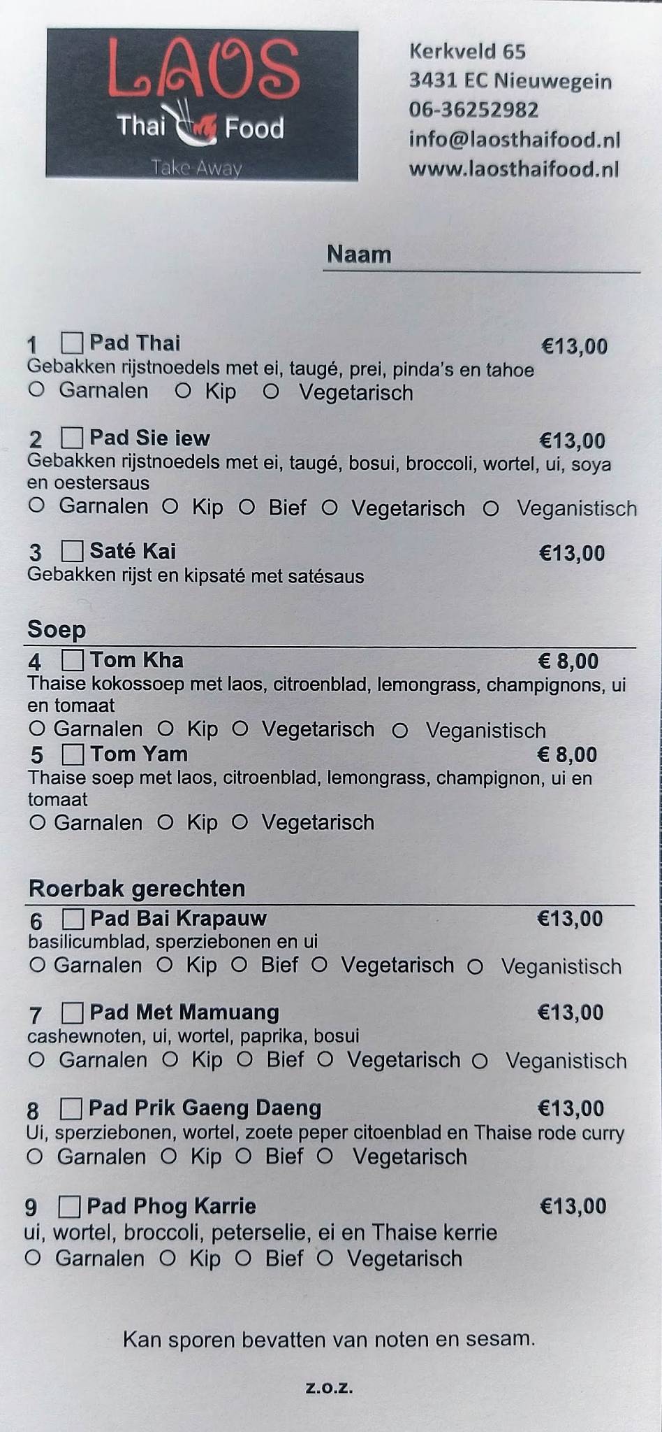 Menu au Laos thai food, Nieuwegein