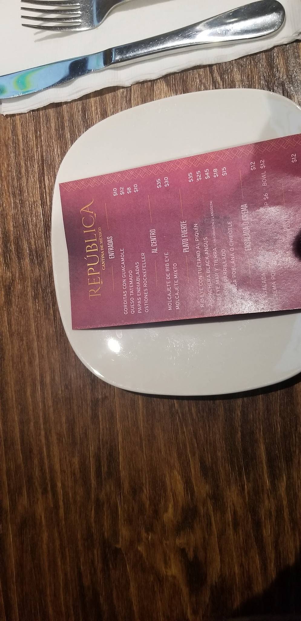 Menu at República cantina de México restaurant, Laredo