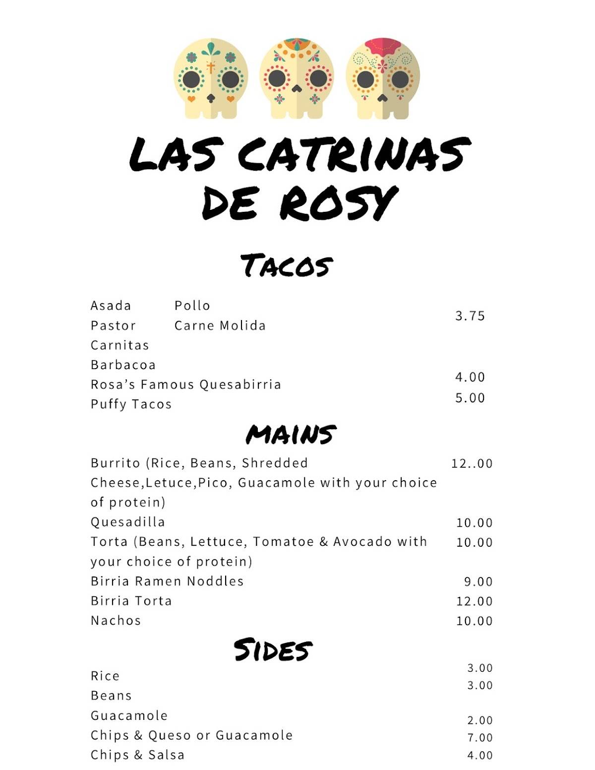 Carta del restaurante Las Catrinas De Rosy, Daphne